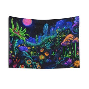 Trippy Neon Mushroom Vision UV Tapestry, Blacklight Reactive Wall ...