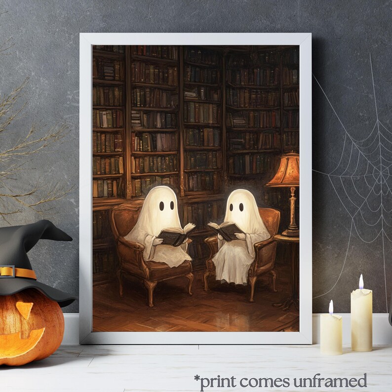 Cute Ghosts in a Library Print, Reading Ghost, Ghost Poster, Vintage ...