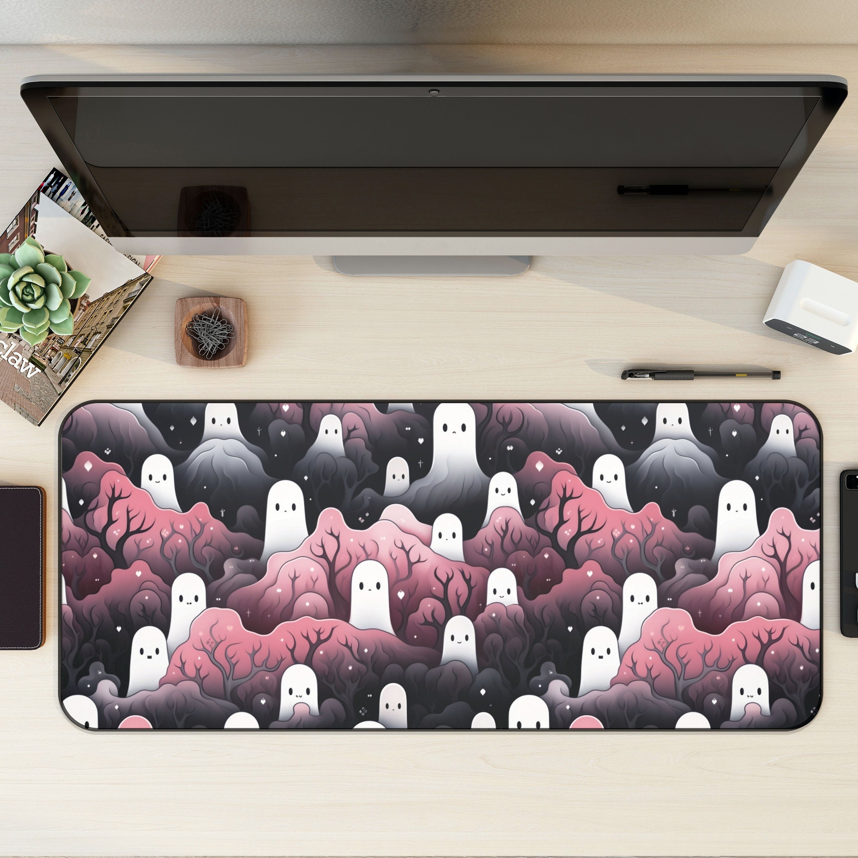 Cute Kawaii Ghosts Desk Mat, Goth Mouse Pad, Pink and Black Mousepad ...