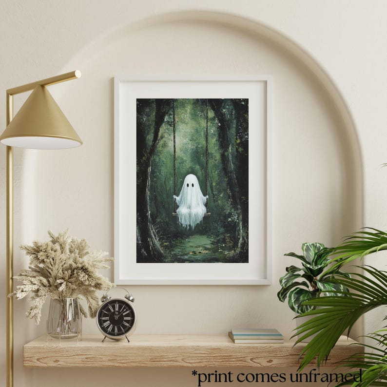 Cute Ghost on Swing in Green Forest Art, Ghost Poster, Vintage Ghost ...