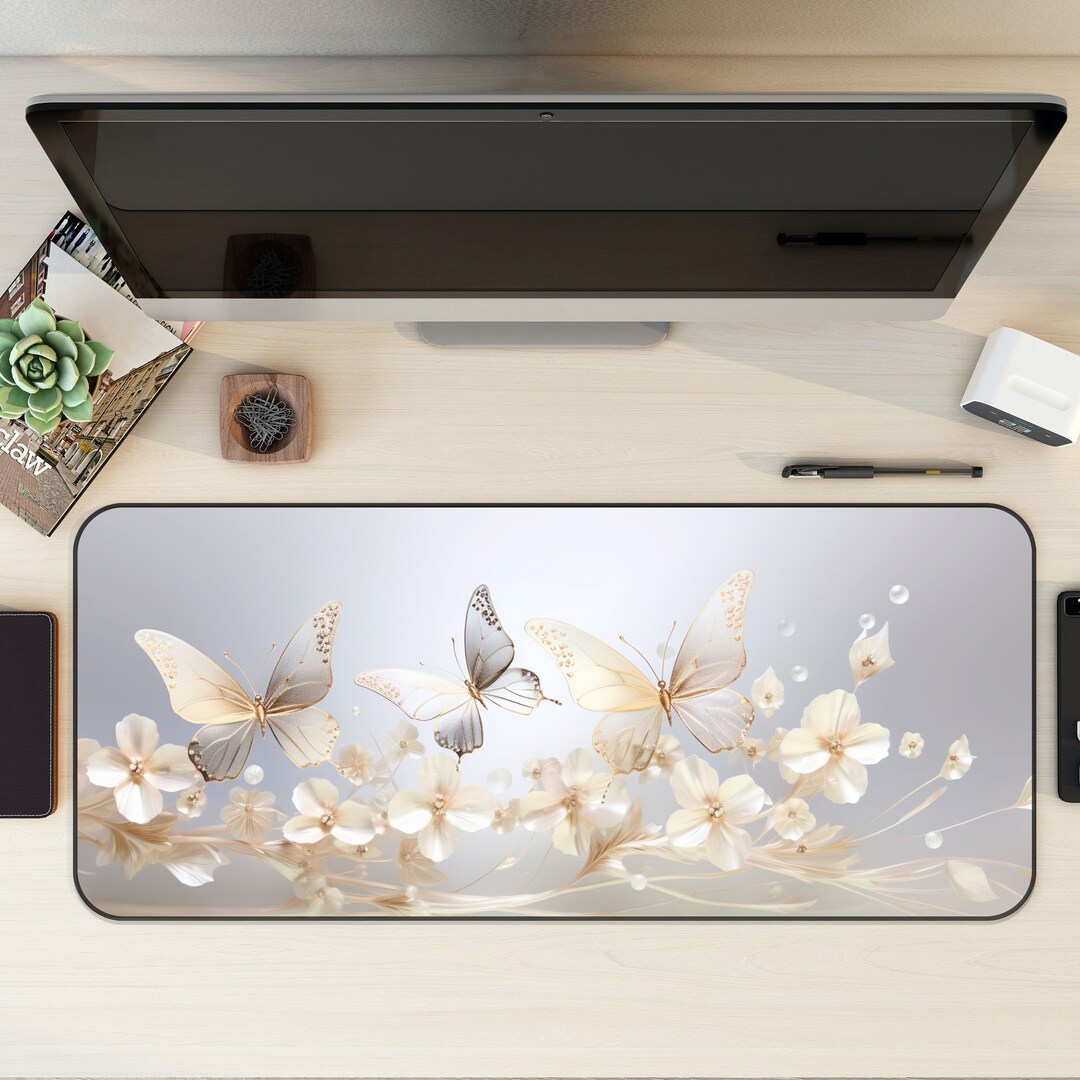 Butterfly and Flowers Desk Mat, Crystal Mousepad, Floral Mouse Pad ...