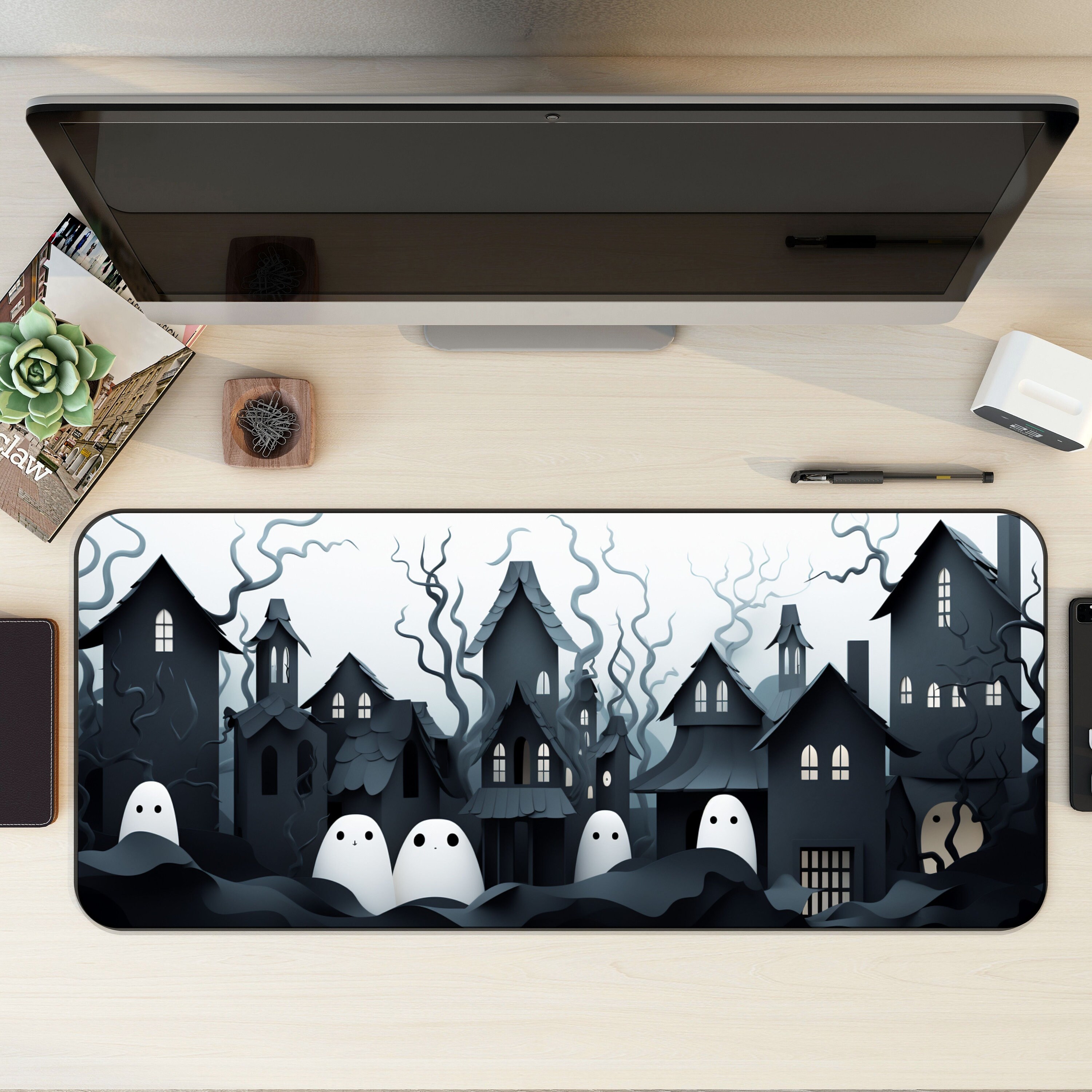 Cute Kawaii Ghosts Desk Mat, Goth Mouse Pad, Ghost Mousepad, Haunted ...