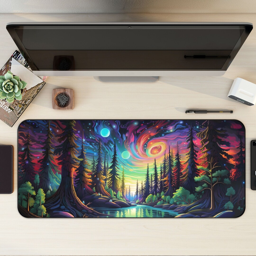 Mystic Neon Forest Gaming Desk Mat, Trippy Mousepad, Cute Mouse Pad ...