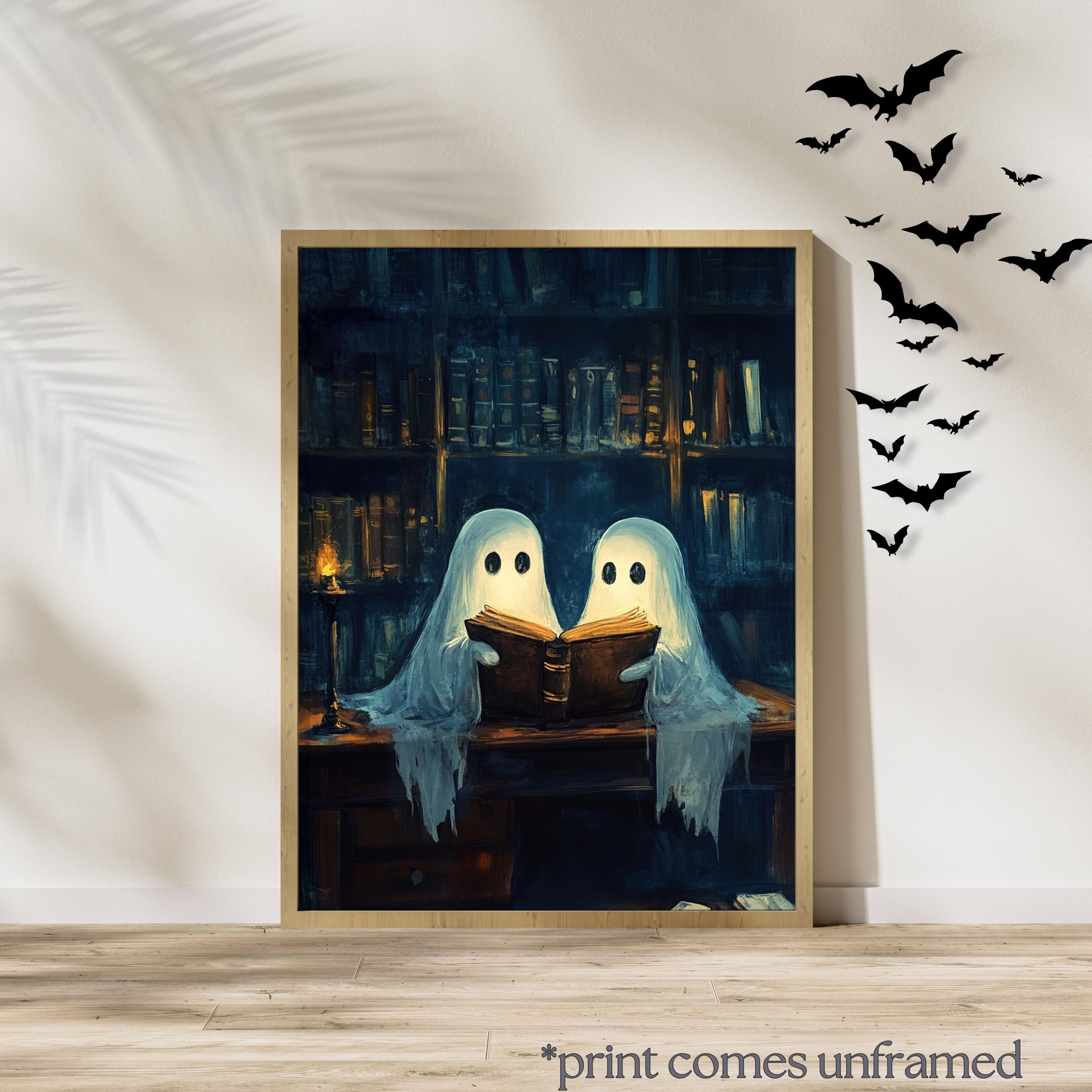 Cute Ghosts in a Library Print, Reading Ghost, Ghost Poster, Vintage ...