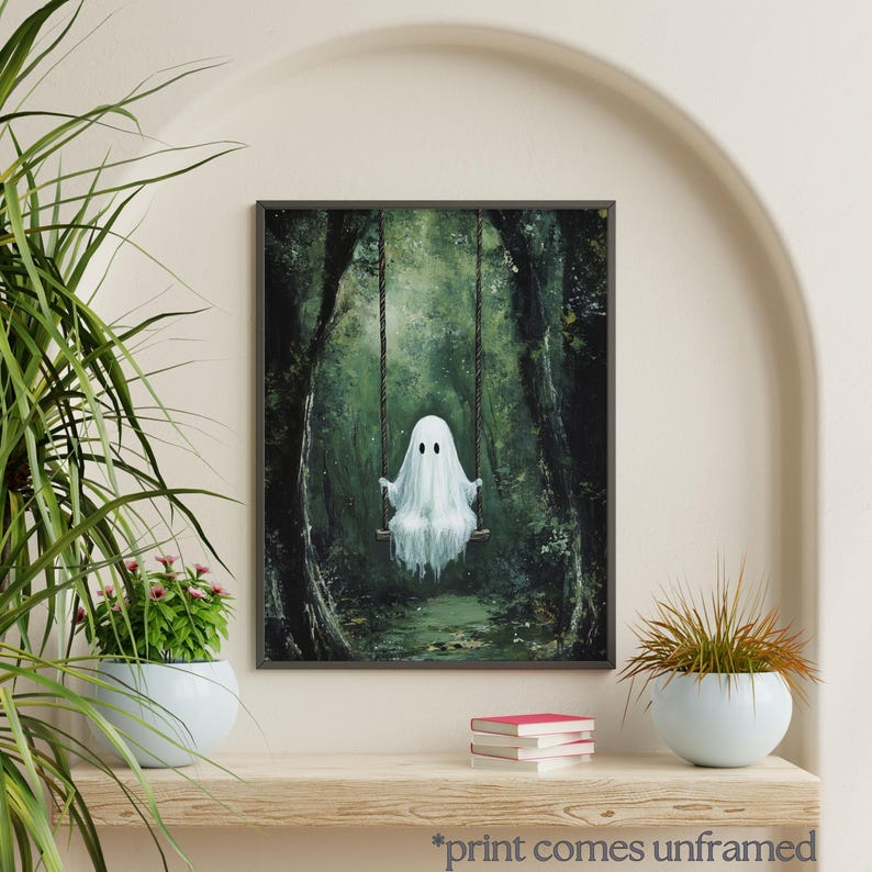 Cute Ghost on Swing in Green Forest Art, Ghost Poster, Vintage Ghost ...