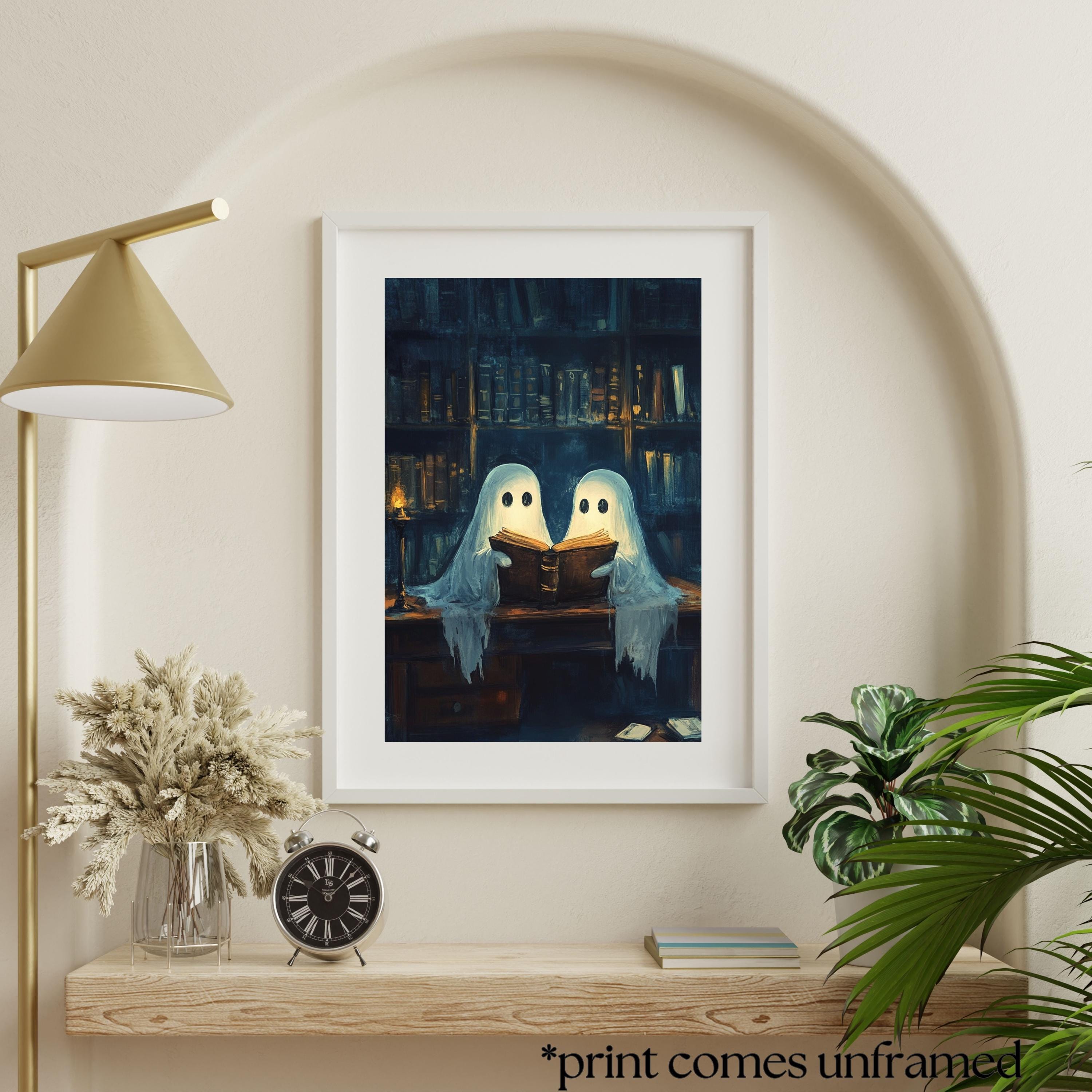 Cute Ghosts in a Library Print, Reading Ghost, Ghost Poster, Vintage ...
