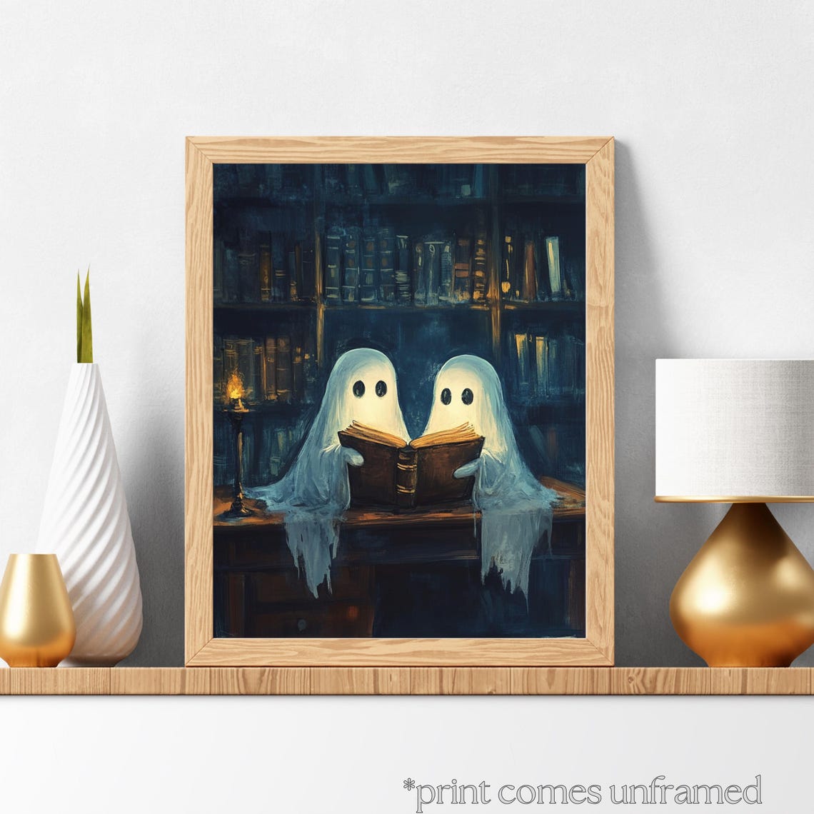 Cute Ghosts in a Library Print, Reading Ghost, Ghost Poster, Vintage ...