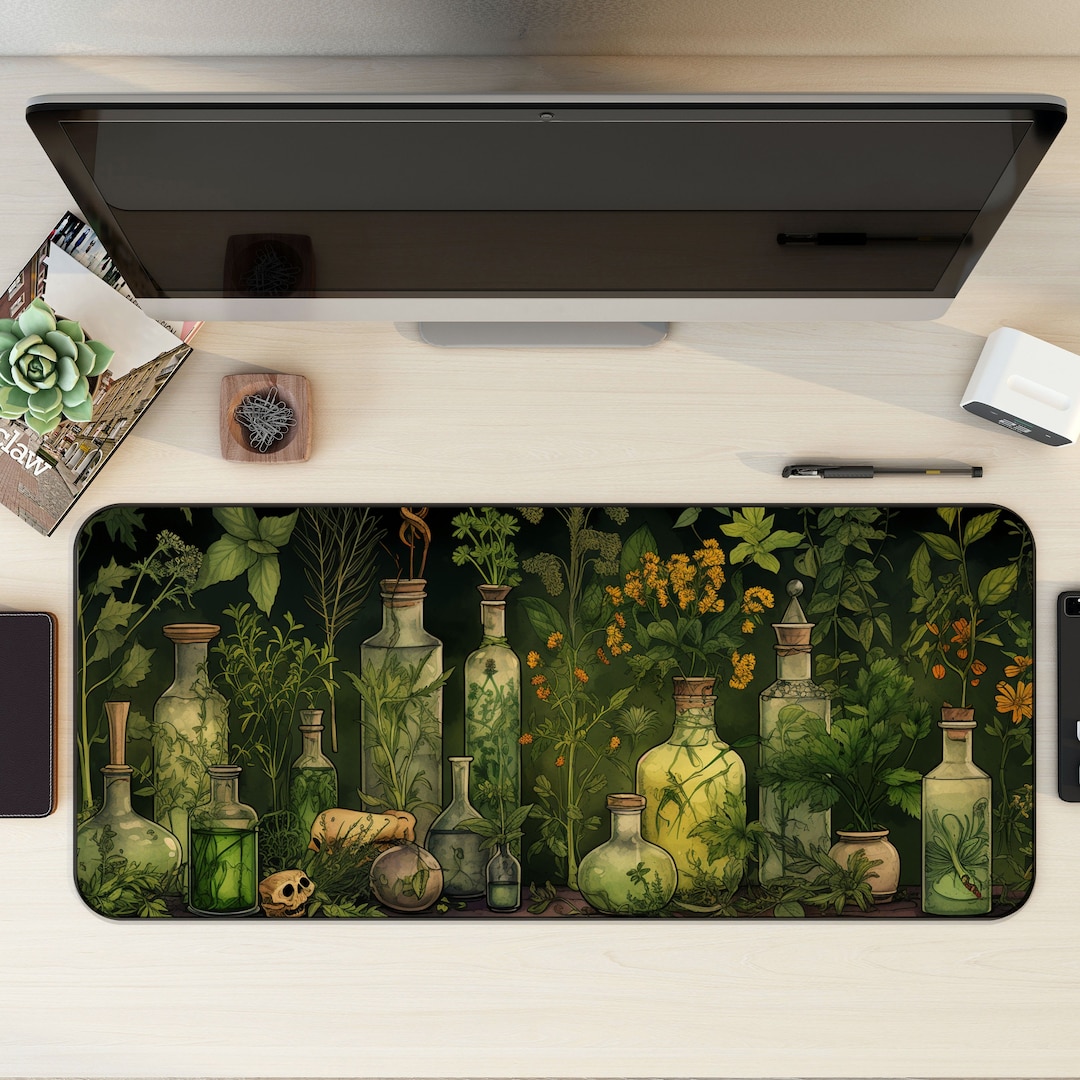 Witchy Botanical Potions and Plants Desk Decor, Green Desk Mat ...