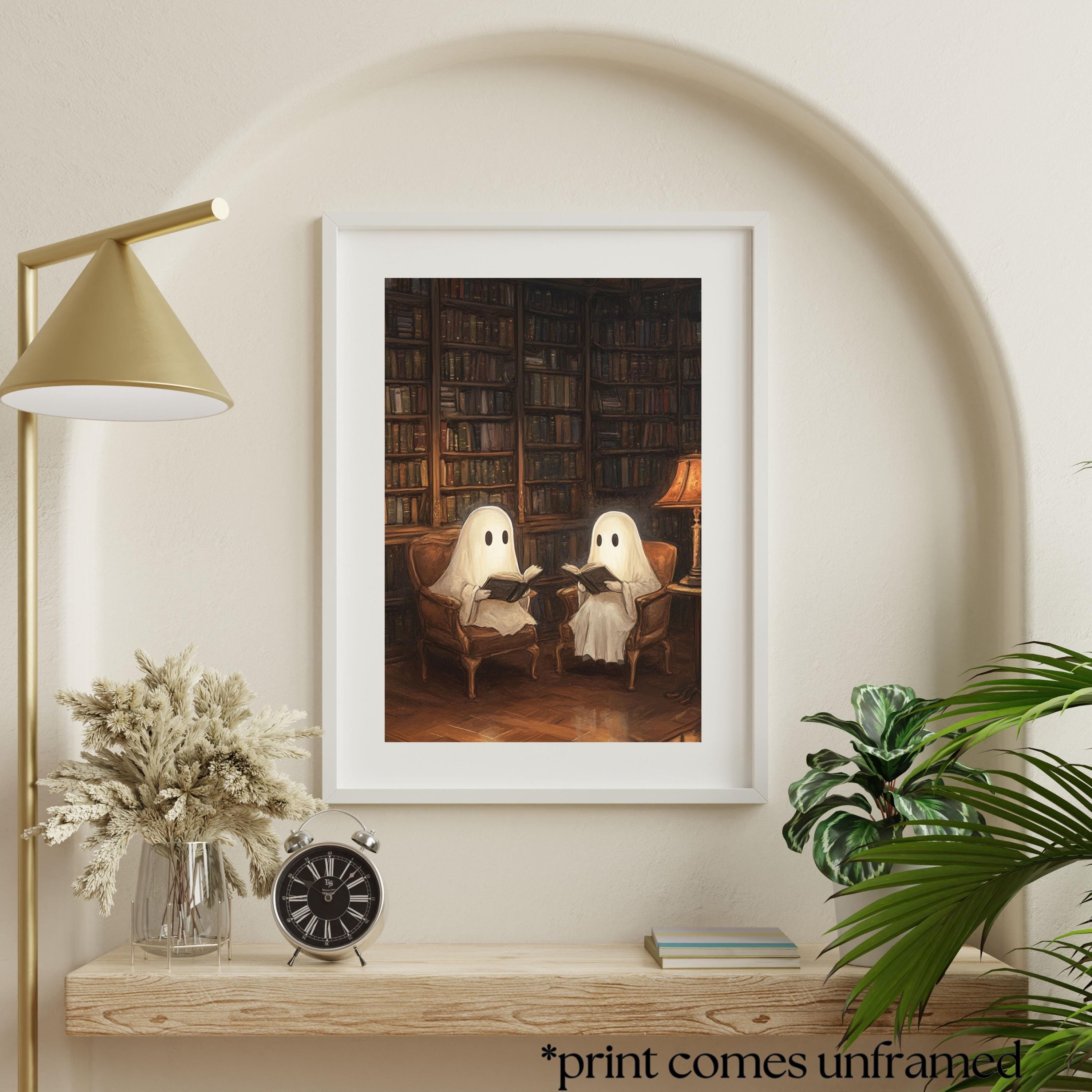 Cute Ghosts in a Library Print, Reading Ghost, Ghost Poster, Vintage ...