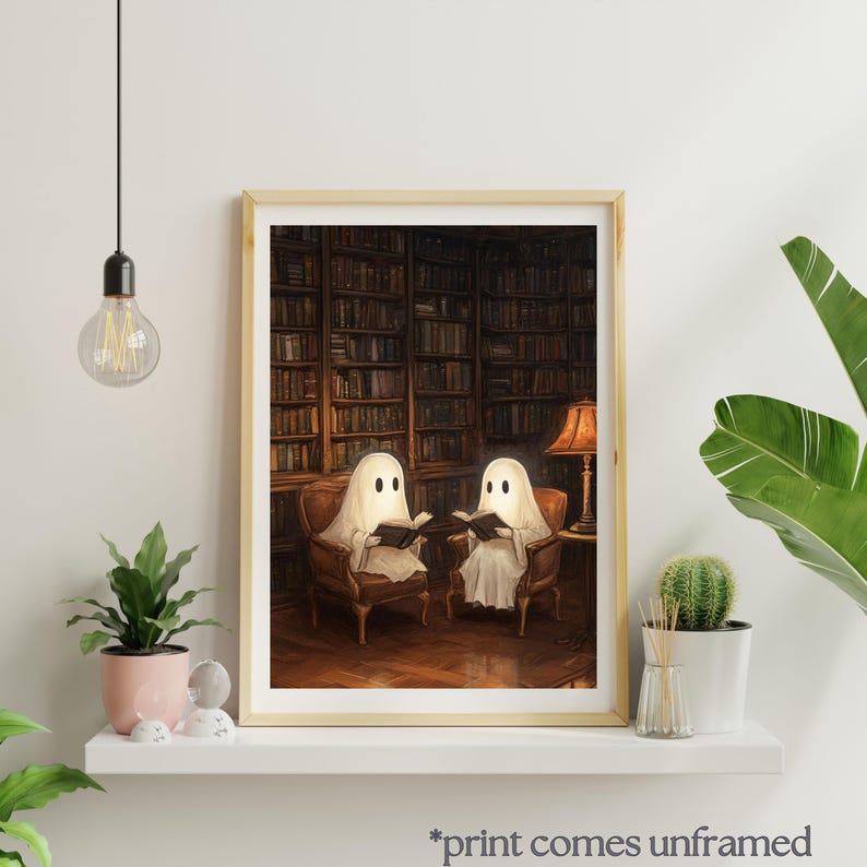 Cute Ghosts in a Library Print, Reading Ghost, Ghost Poster, Vintage ...
