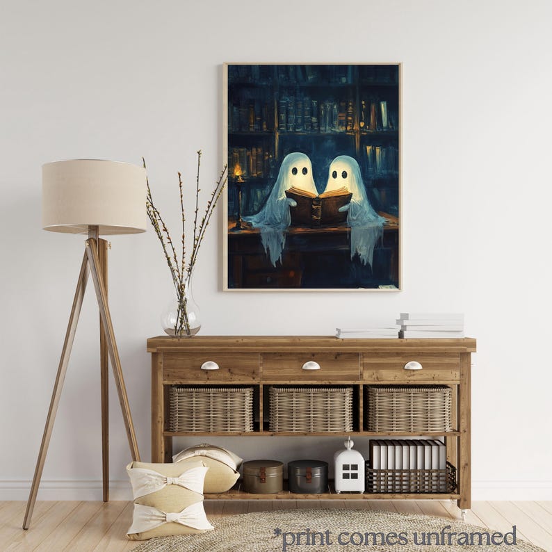 Cute Ghosts in a Library Print, Reading Ghost, Ghost Poster, Vintage ...