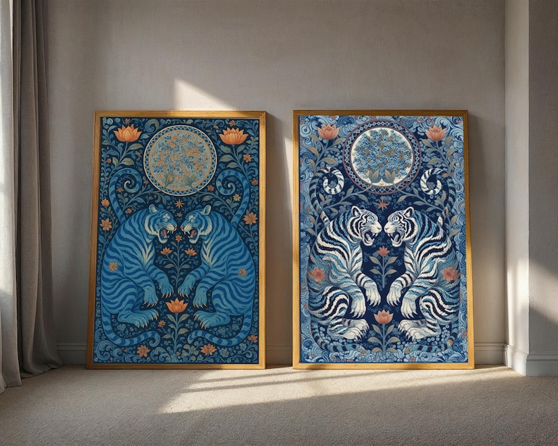 Chinoiserie Wall Art, Blue Tiger Prints, Oriental Toile Art, Vintage ...