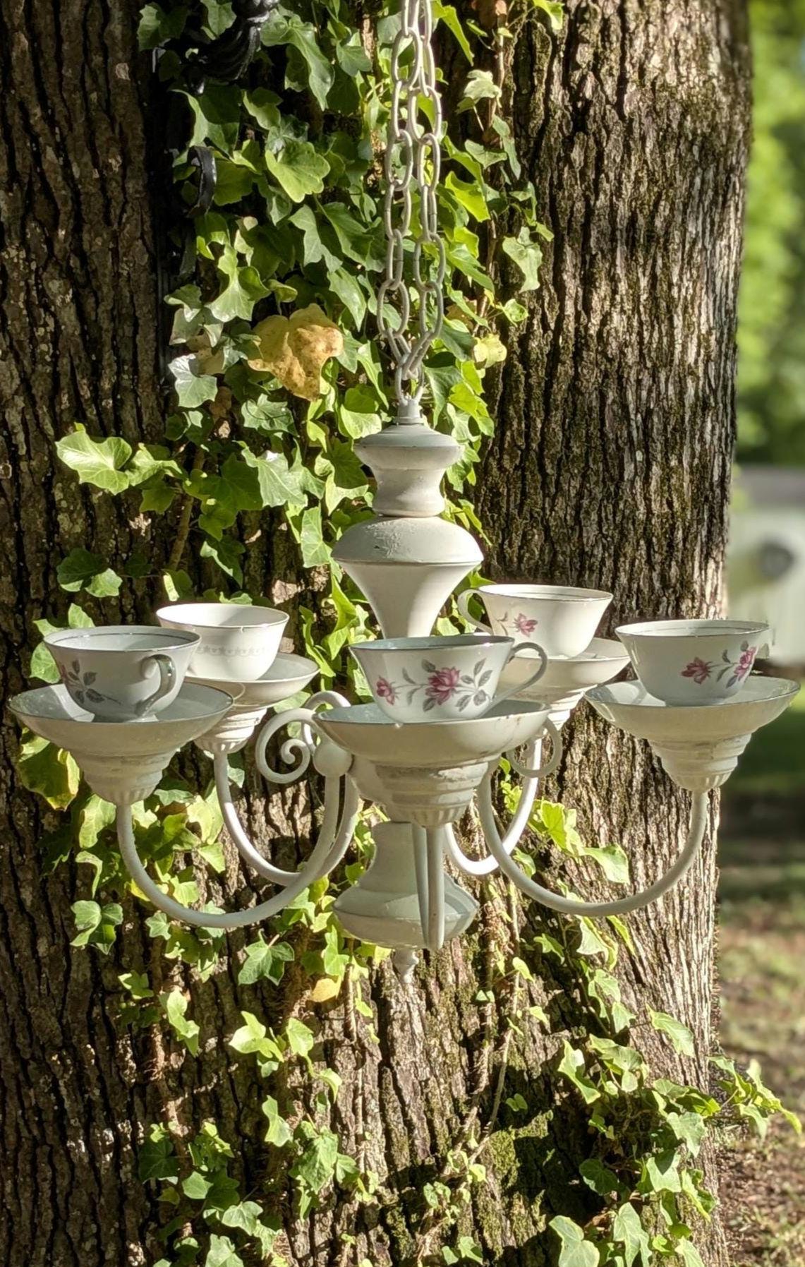 Upcycled Teacup/saucer Chandelier Bird Feeder- Beautiful Garden Decor ...