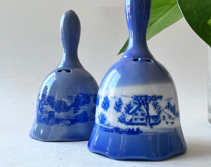 Vintage Blue Porcelain Bell - Winter Scene Mini Bell - Christmas ...