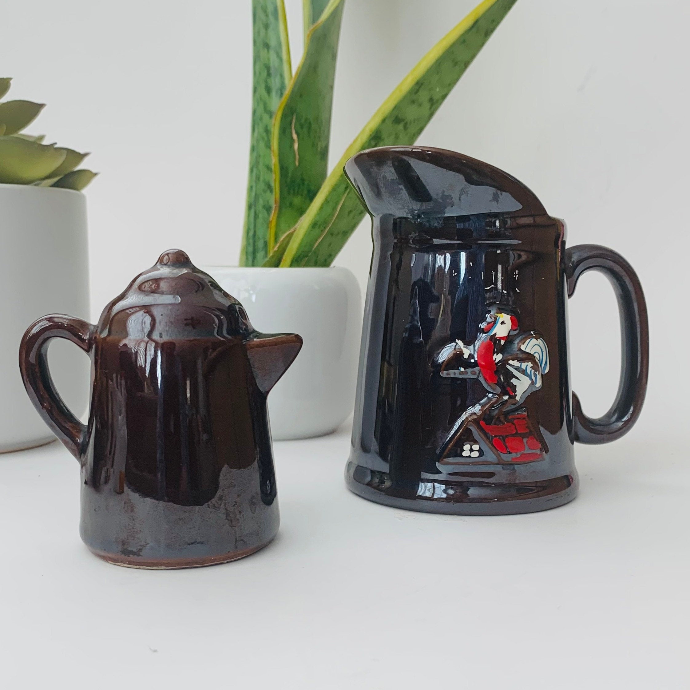 Vintage Redware Pottery Roof Rooster Small Pitcher Brown - Etsy