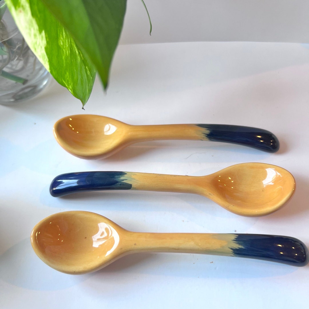 Vintage Ceramic Dip Spoons Cobalt Blue and Yellow Earthenware Crown ...