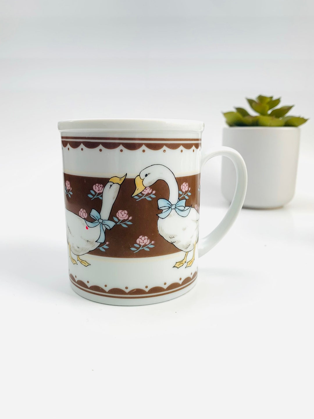 Vintage Porcelain Coffee Tea Mug - Blue Ribbon Goose Mug With Brown ...