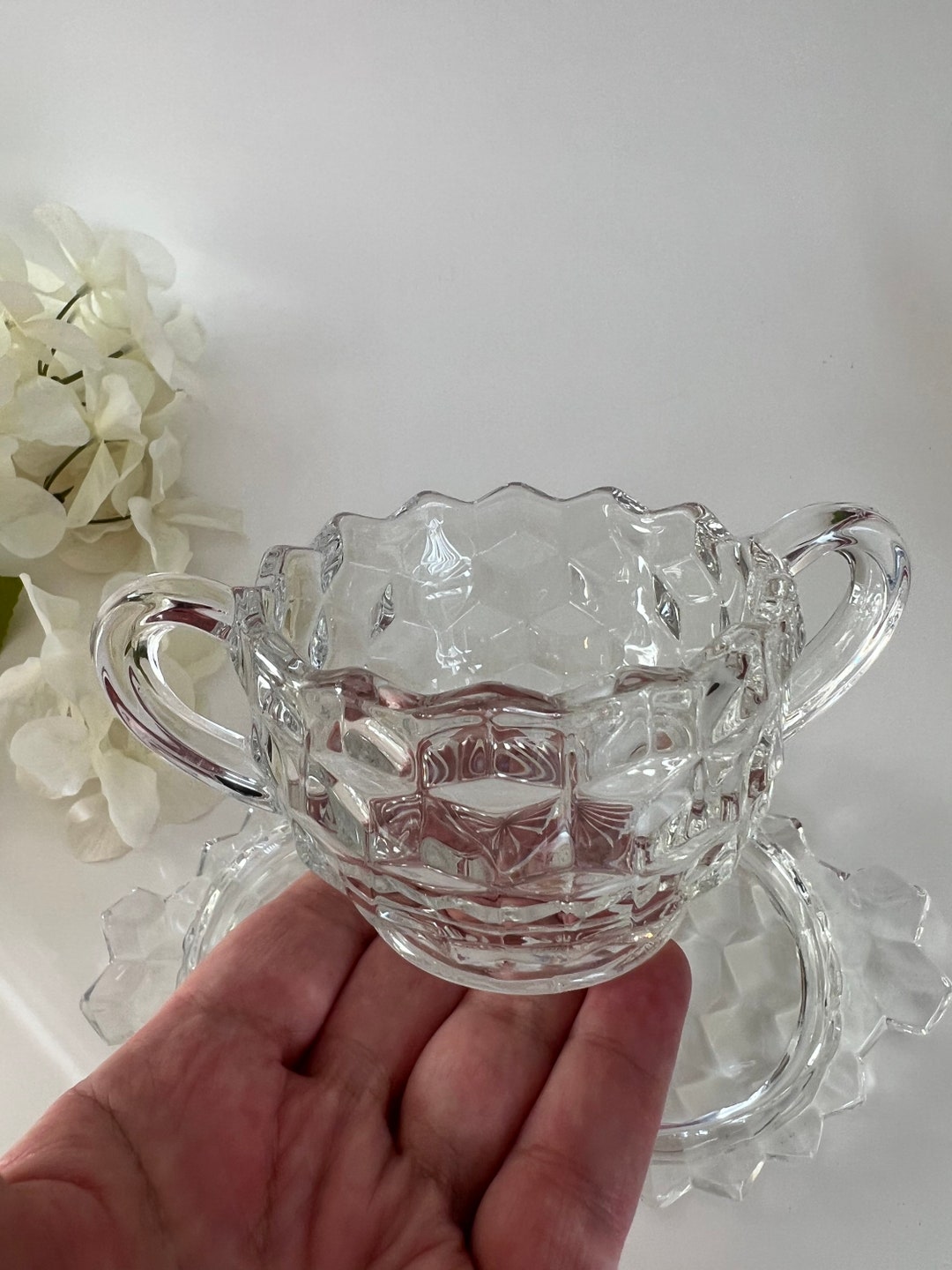 Vintage Clear Glass Cube Pattern Handled Sugar Bowl - Pressed Glass ...