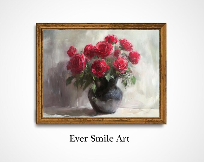 Vintage Red Roses With Bow Painting, Valentines Day Home Decor, Neutral ...