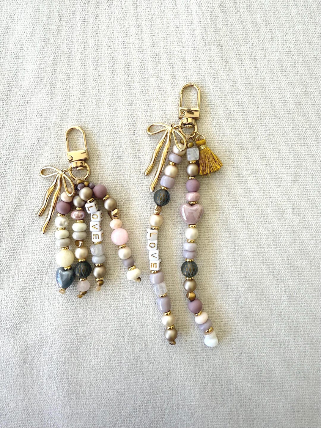 Handmade Beaded Neautral Keychain With Glass, Ceramic, Crystal and ...