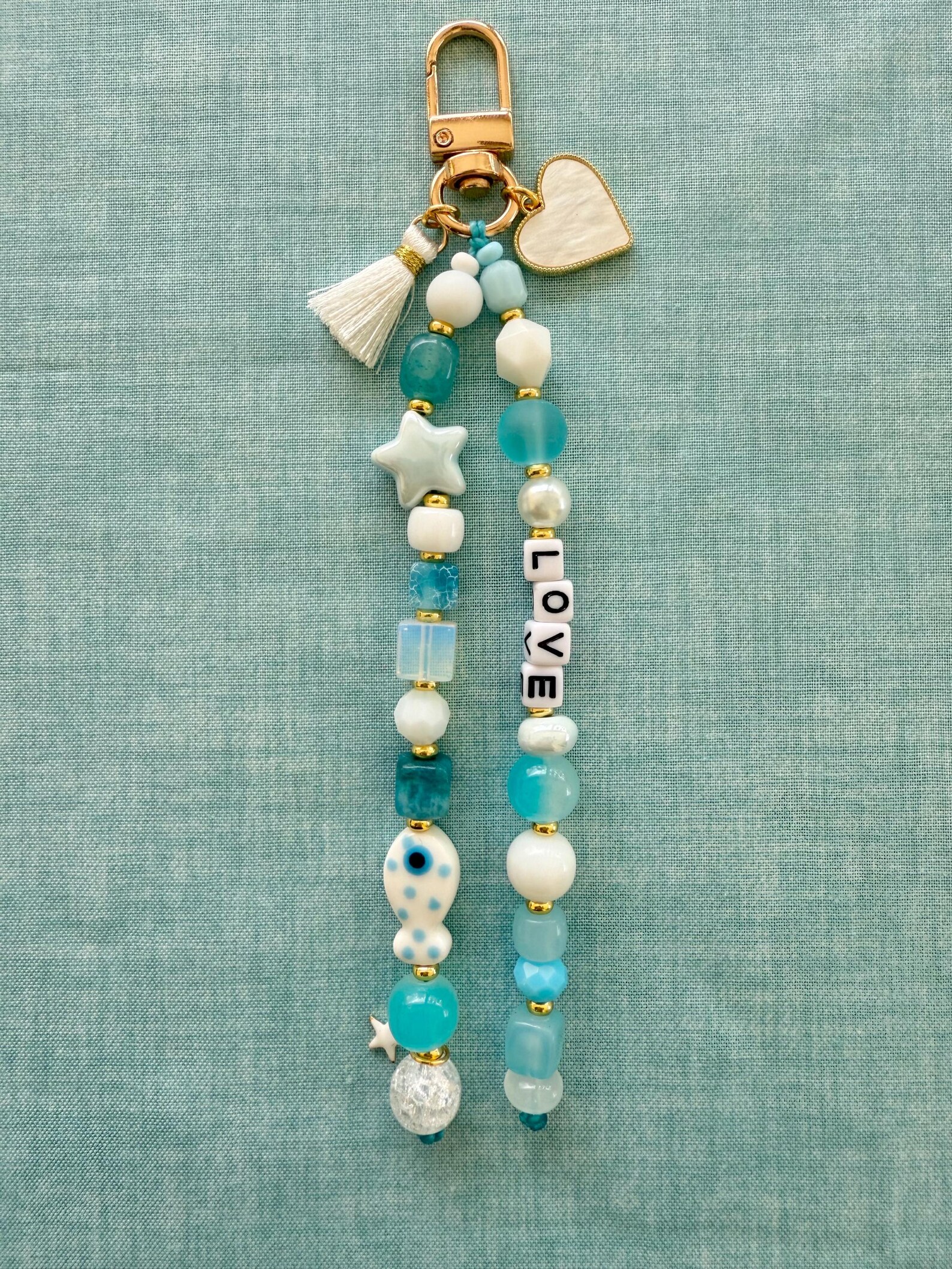 Handmade Ocean-inspired LOVE Beaded Keychain – Coastal Blue Charm ...