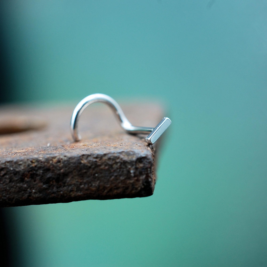 Straight Bar Minimal Nose Stud – Tiny Silver Bar Flush Style Flat to ...