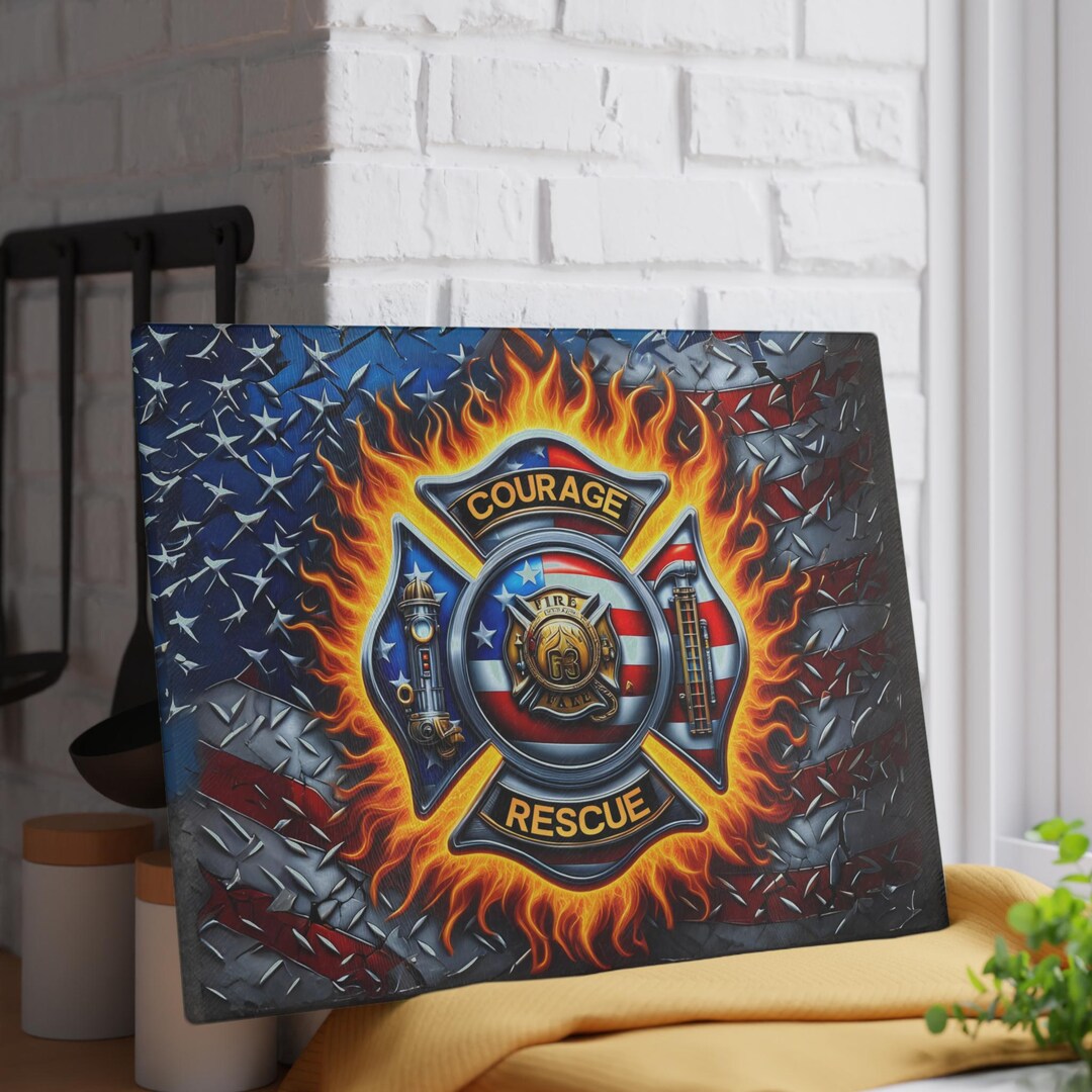 Patriotic Firefighter Glass Cutting Board: Courage & Rescue Design - Etsy