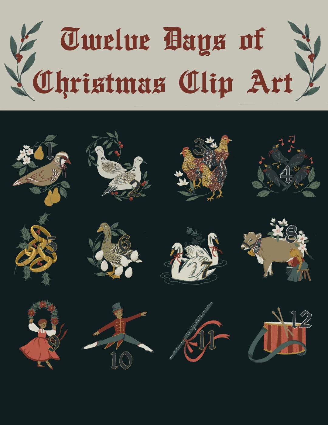 12 Days of Christmas Hand Drawn Clip Art - Etsy