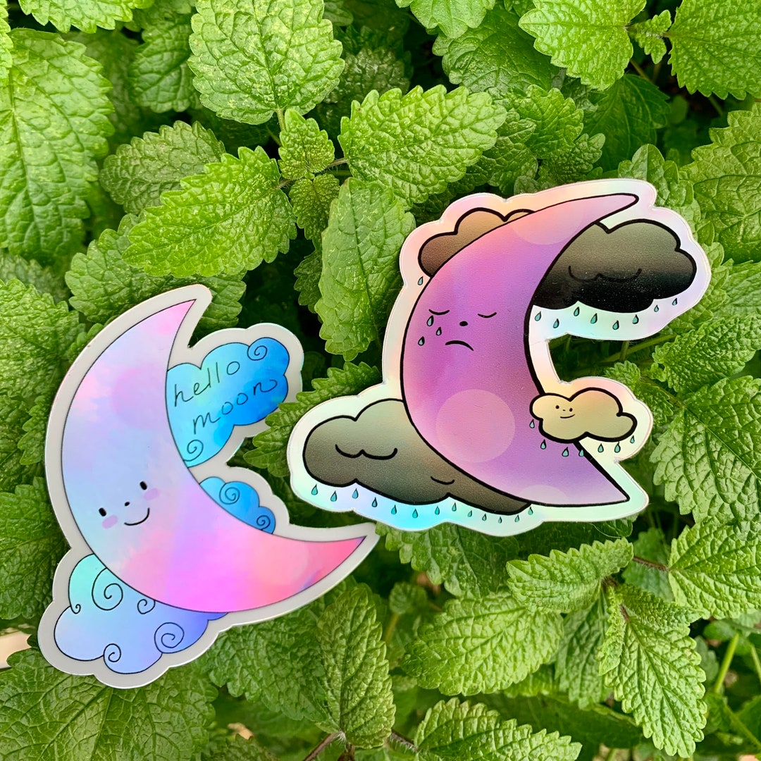 Holographic "hello Moon" and Sad Moon Stickers Inspired by Summer Camp ...