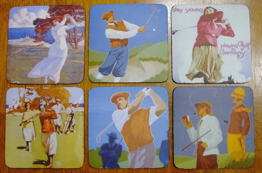 VINTAGE GOLF COASTER Set Set of 6 Absorbent Coasters Featuring Vintage ...