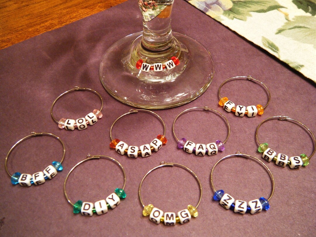 TEXT MESSAGE CHARMS - Set of 10 Beaded Word Wine Glass Charms Featuring ...