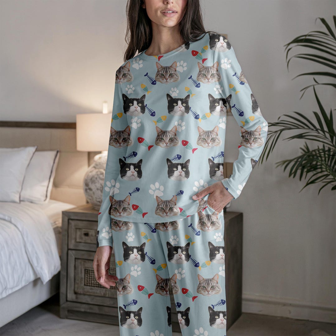 Custom Cat Man Woman Pajama, Personalized Pajama Set With Face, Custom ...