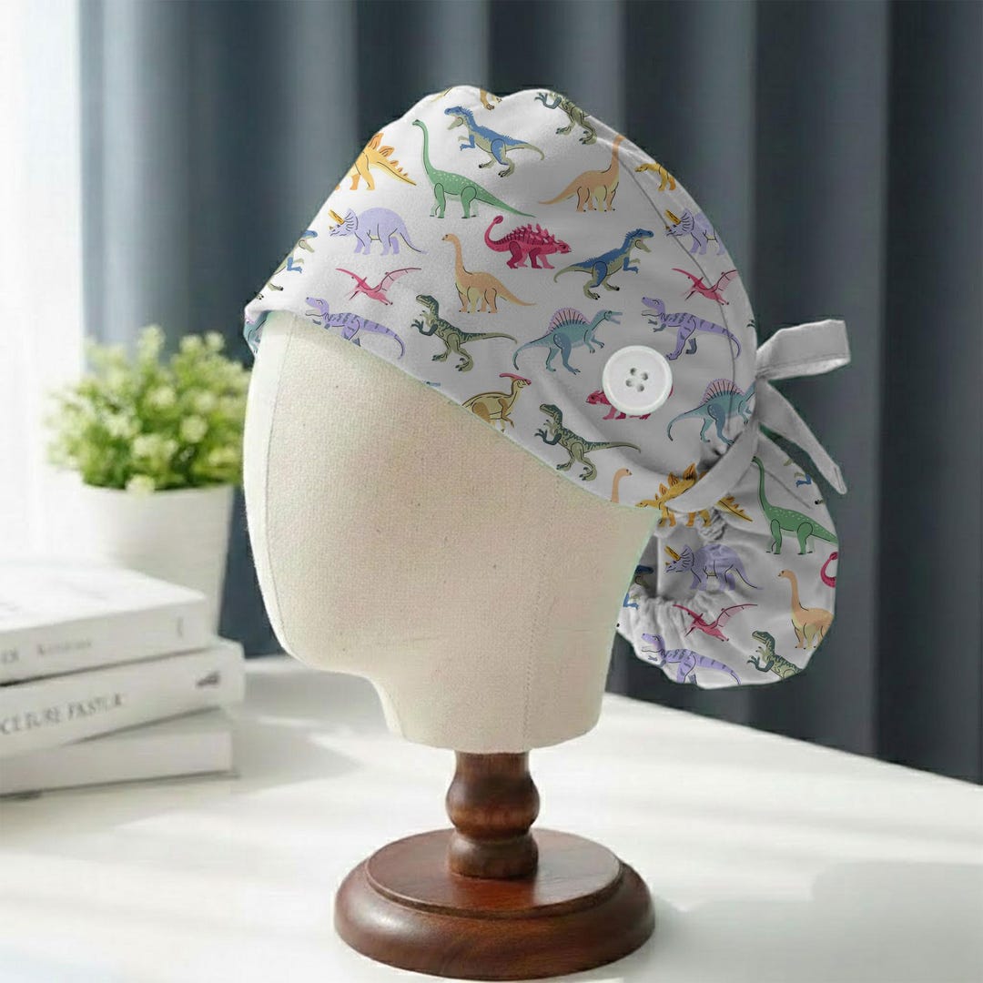 Dinosaur Ponytail Scrub Cap, Dino Surgical Cap With Buttons Medical Hat ...