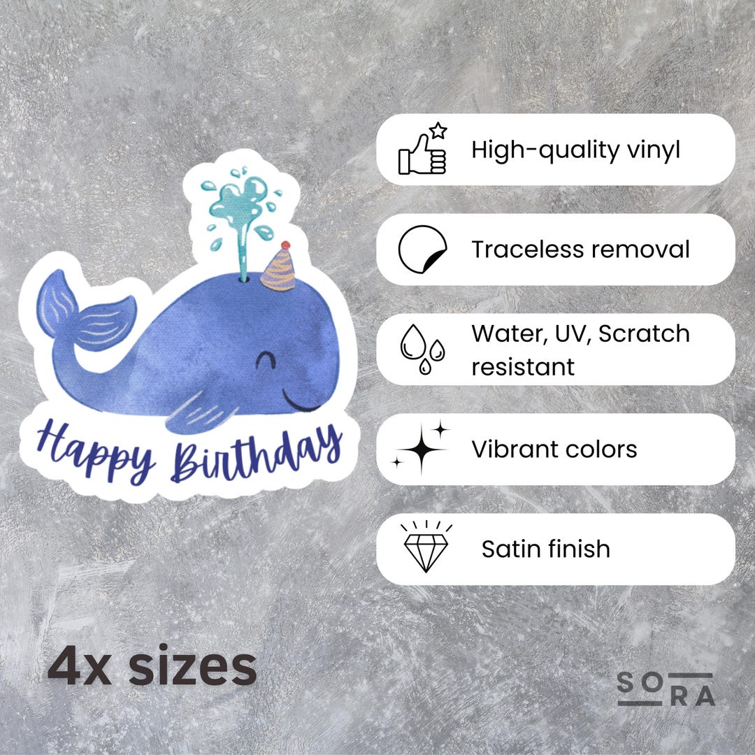 Whale Sticker, Happy Birthday Sticker, Cute Whale Sticker, Ocean Whale ...