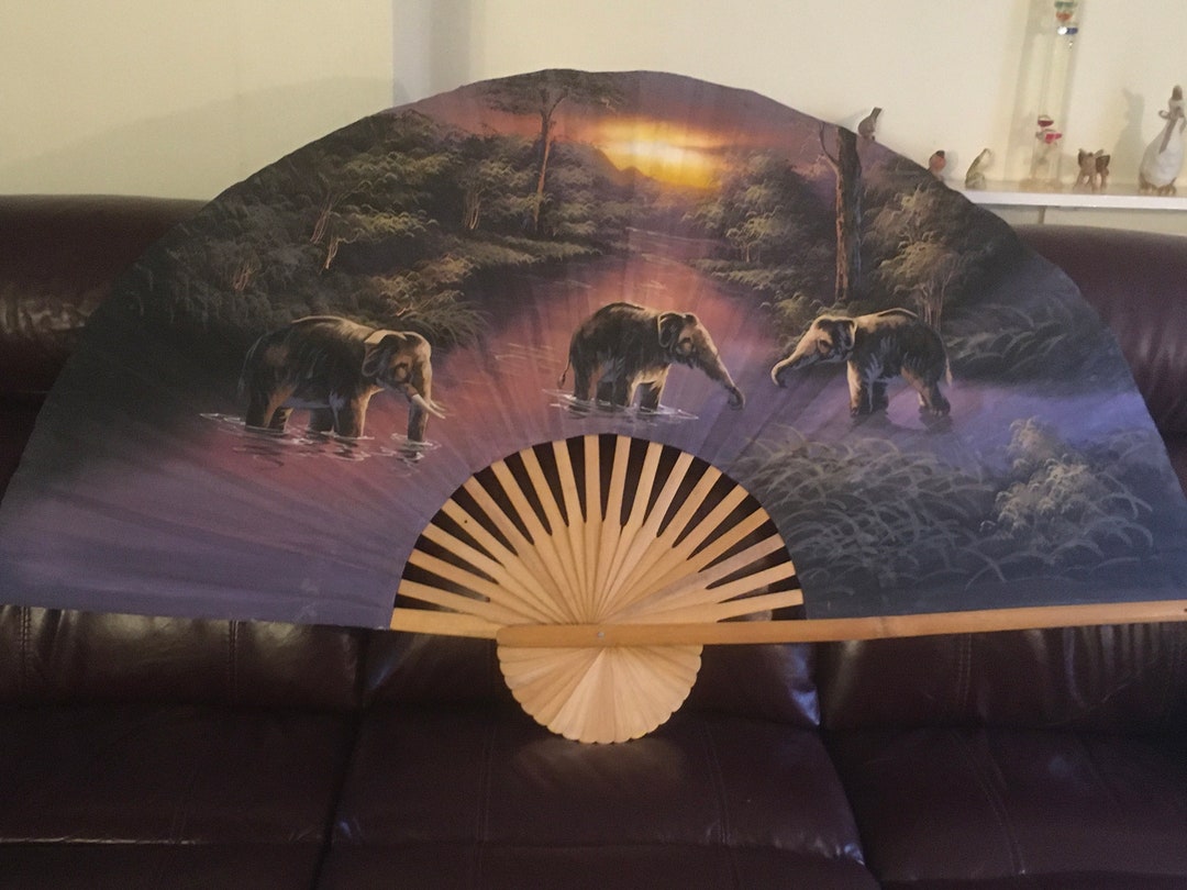 Vintage Fan, Large Asian Fan With Lovely Elephants - Etsy