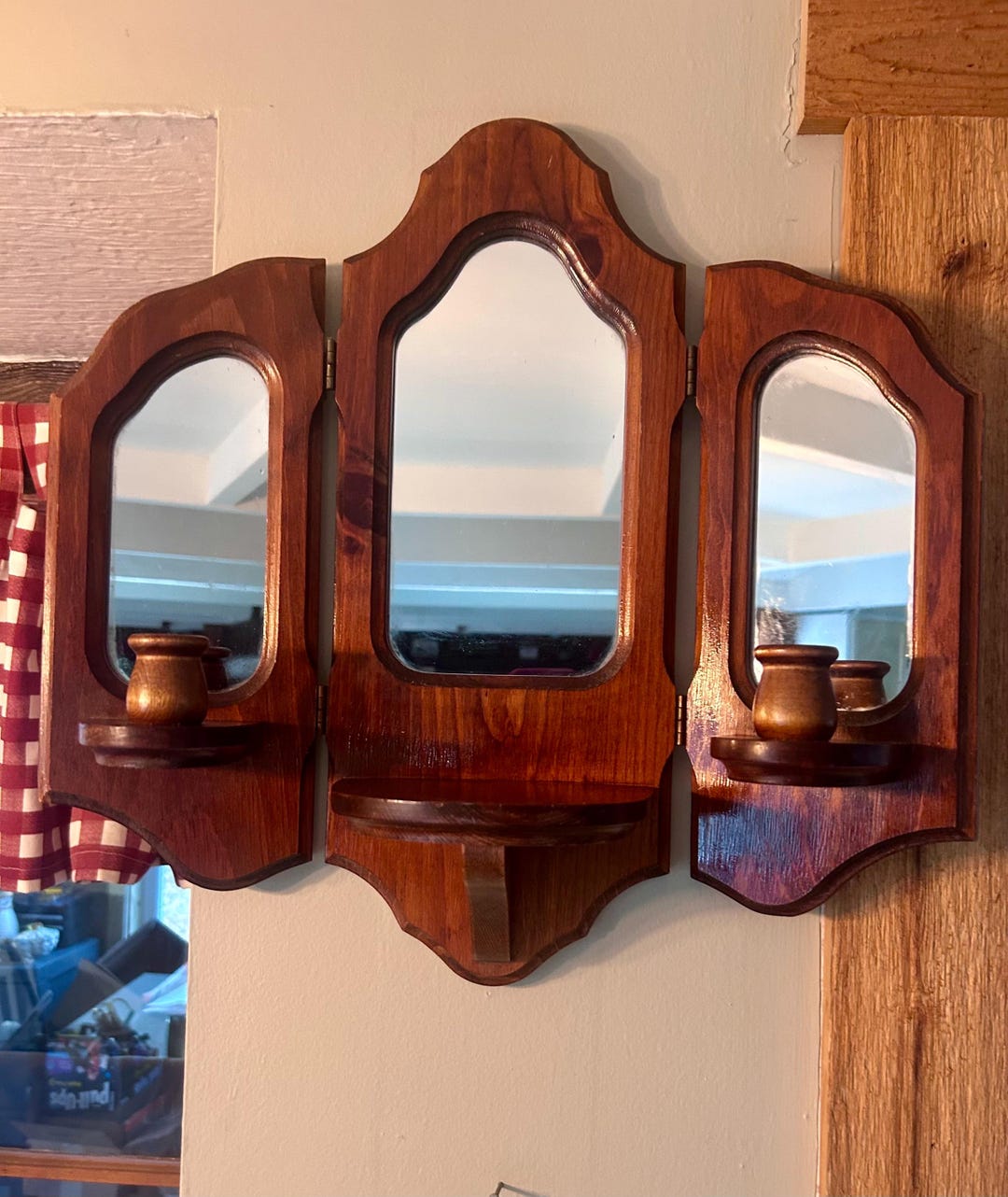 Mirrors-three Wood-hinged-with 2 Candlestick Holders and 1 Shelf. 18 ...