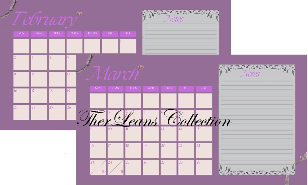 2025 Purple Monthly Calendar, Printable Calendar With Note, Landscape ...