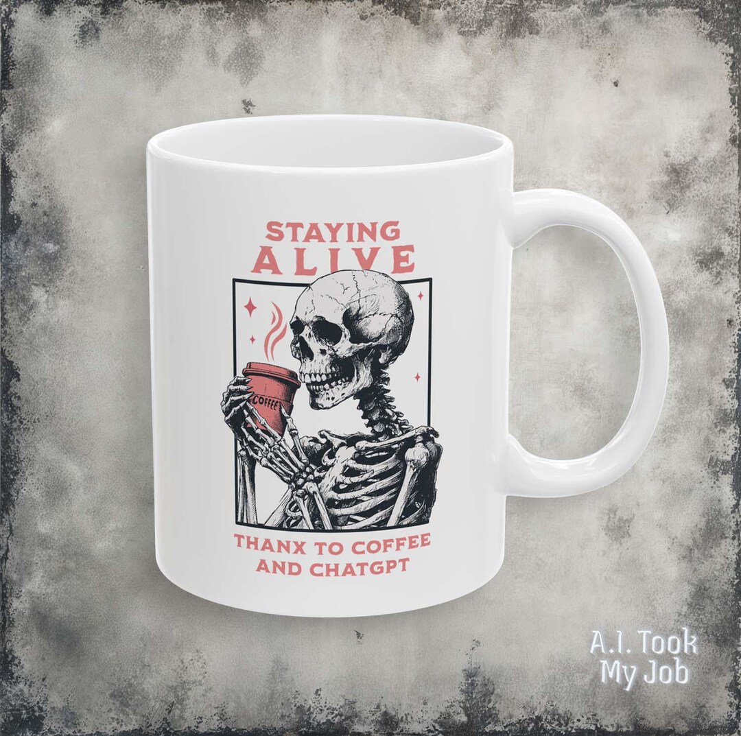Vintage Retro Skeleton Drinking Coffee, Sarcastic Humor, Quirky Design ...
