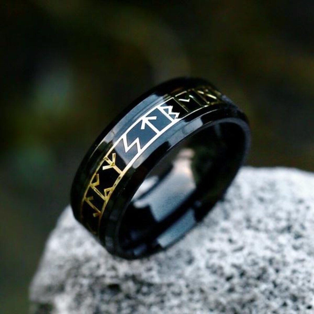 Viking Rune Ring Koa Wood & Tungsten Wedding Band Silver Nordic ...