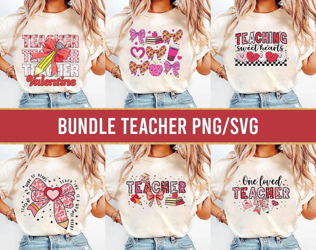 Teacher Valentine Bundle SVG, Coquette Teacher PNG, Valentine’s Day SVG ...