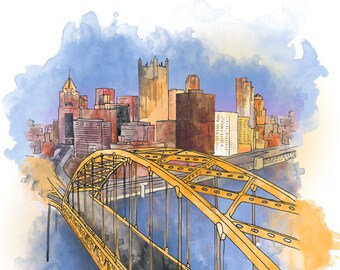Fort Pitt Bridge and Downtown Pittsburgh Ink and Watercolor | Etsy