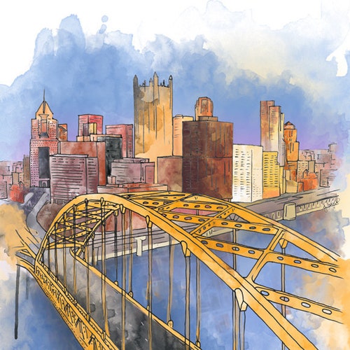 Pittsburgh Downtown Ink and Watercolor Drawing - Etsy