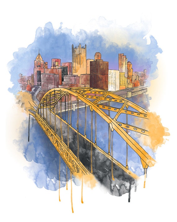 Fort Pitt Bridge and Downtown Pittsburgh II Ink and | Etsy