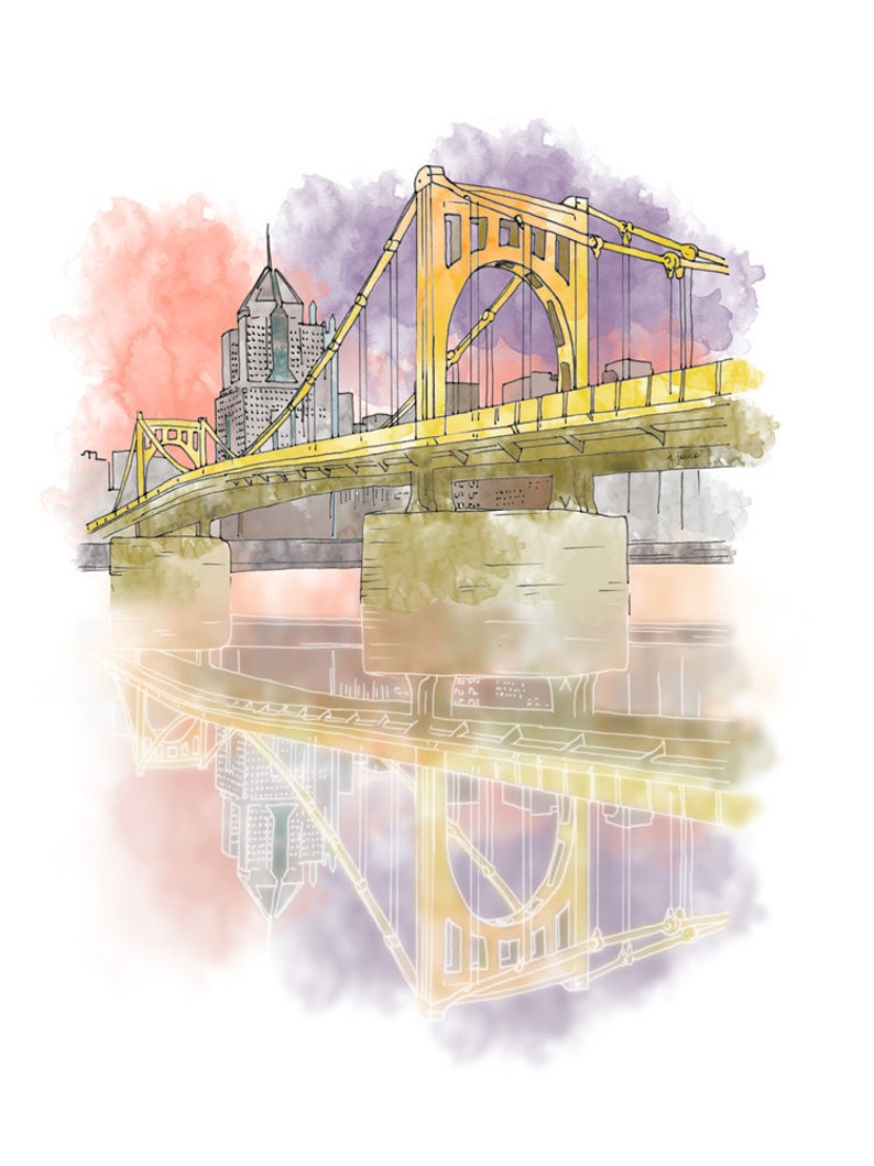Pittsburgh Sunset Sister Bridge - Ink and Watercolor Print - Etsy