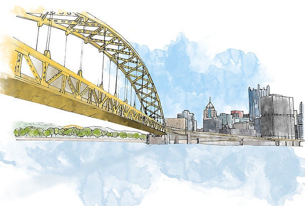 Fort Pitt Bridge and Downtown Pittsburgh Ink and Watercolor Drawing - Etsy