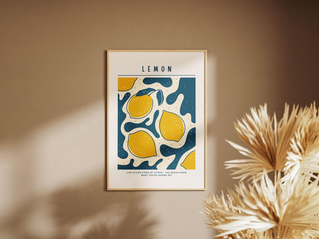 Retro Lemon Print Modern Kitchen Wall Art Blue Yellow Poster Funny ...