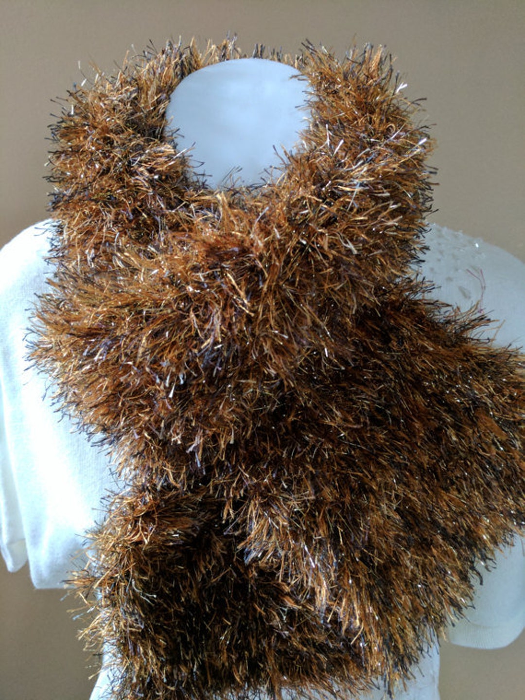 SALE Gold Metallic With Black & Copper Knit Scarf in Beautiful Fun Fur ...