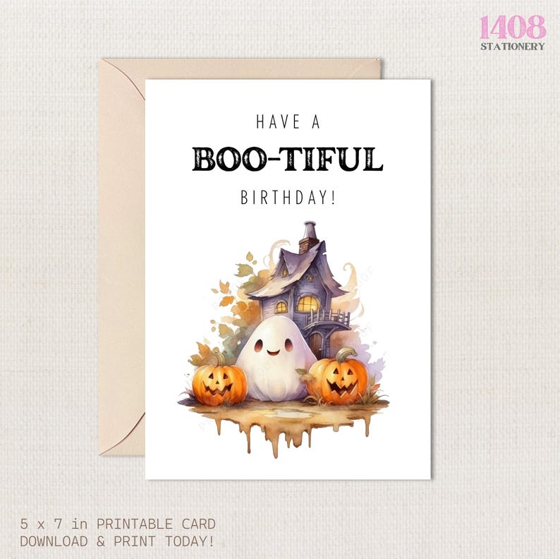 Boo-tiful Halloween Birthday Printable Card. Cute Ghost Fall Greeting ...