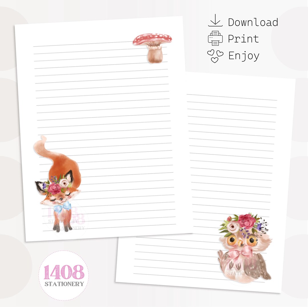 Forest Animals Lined and Unlined Printable Paper, Owl Fox Stationery ...