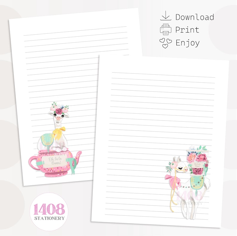 Llama Lined and Unlined Printable Paper, Cute Stationery for Writing ...
